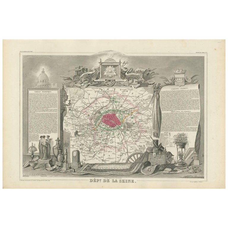 Decorative Antique Map of the Seine River and Paris in France, ca.1854 ...