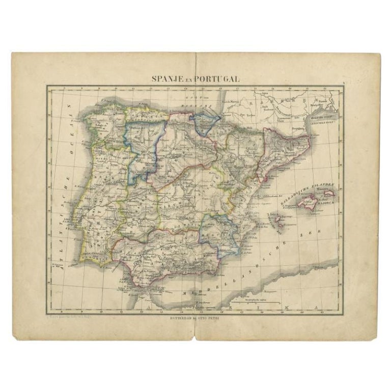 Antique Map of Spain and Portugal by Petri, c.1873 For Sale at 1stDibs