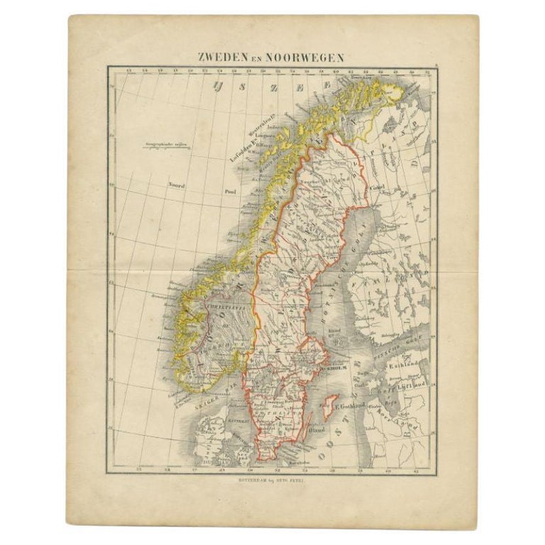 Antique Map of Sweden and Norway by Petri, c.1873 For Sale at 1stDibs