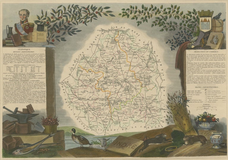 Antique Map of the Indre Region in France, ca. 1852 For Sale at 1stDibs