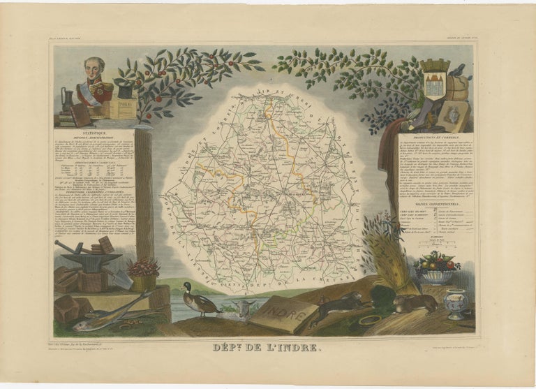 Antique Map of the Indre Region in France, ca. 1852 For Sale at 1stDibs