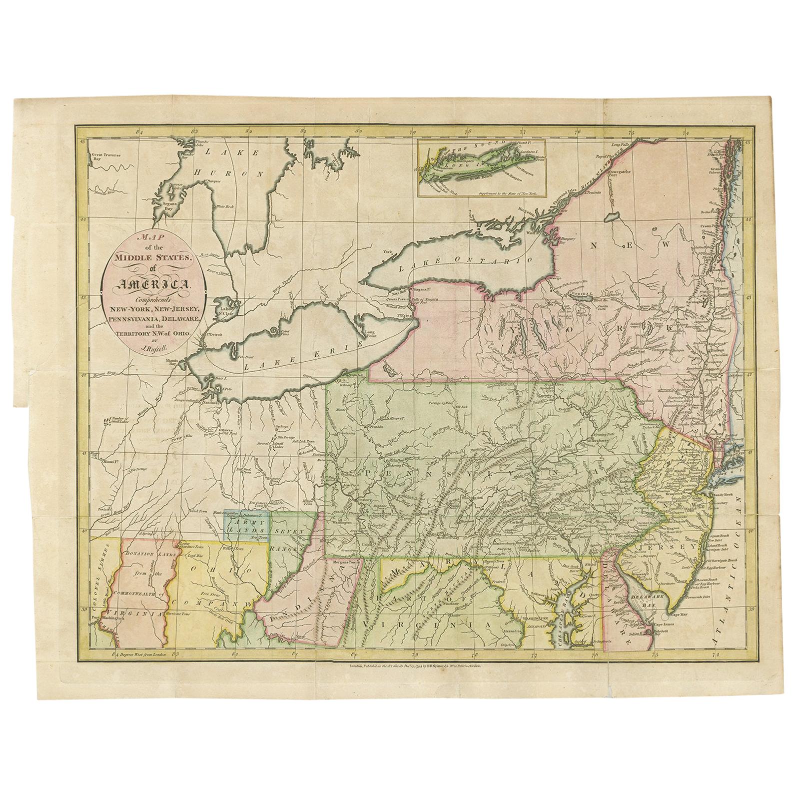 Antique Map of the Middle Atlantic States by Russell, 1794 at 1stDibs