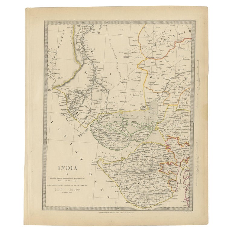 Antique Map of the Region of Gujarat and Cutch in India, 1833 For Sale ...