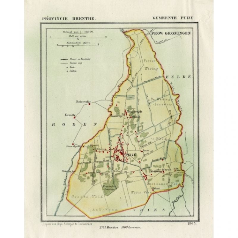 Antique Map of the Township of Peize, Drenthe in the Netherlands, 1865 For Sale at 1stDibs