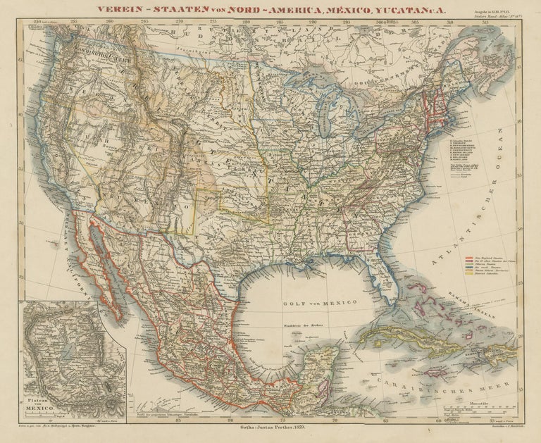Antique Map of the United States with inset map of the region of Mexico ...