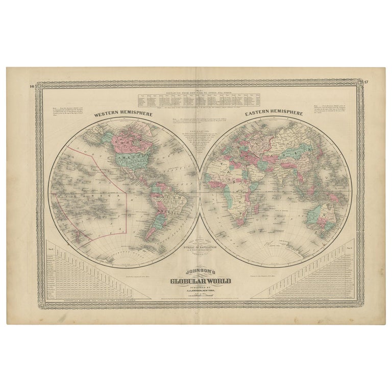Antique Map of the World in Hemispheres by Johnson, '1872' For Sale at ...