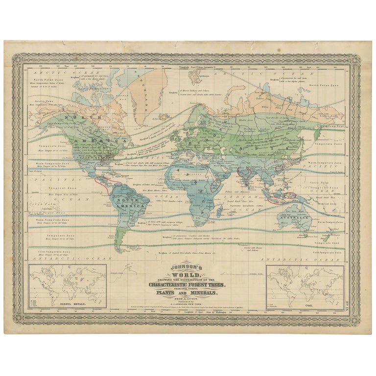 Antique Map of the World Showing the Distribution of Plants and ...