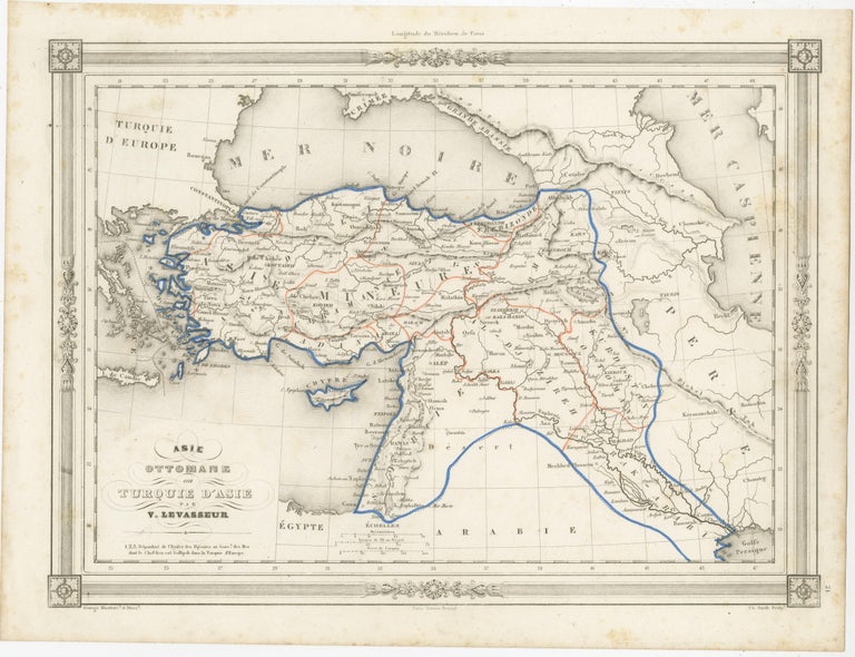 Antique Map of Turkey in Asia, with Frame Style Border For Sale at 1stDibs