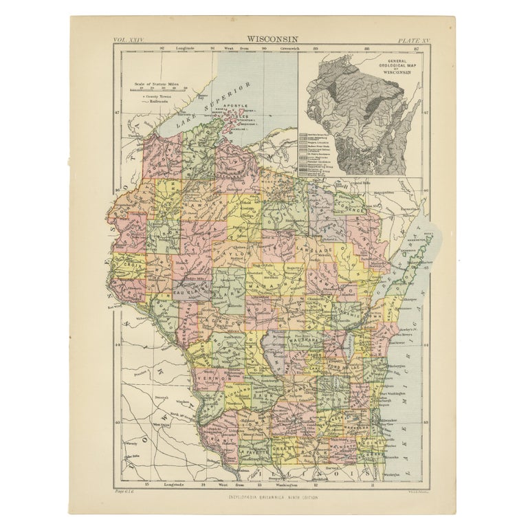 Antique Map of Wisconsin with Inset Geological Map of Wisconsin For ...