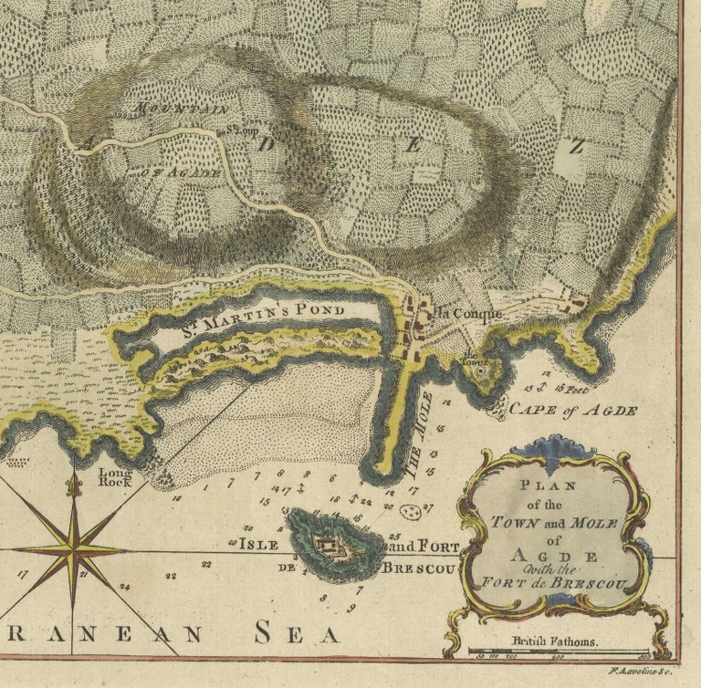 Antique Map Plan of Town and Mole of CAP D''agde and Fort De Brescou ...