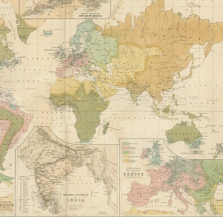 Antique Map Showing the Religions Around the World by Johnston '1854 ...