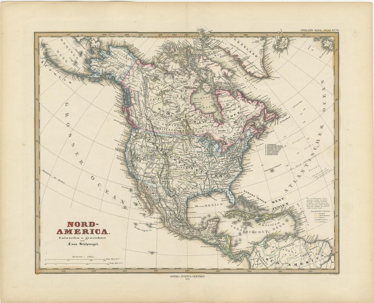 Antique Map with Hand Coloring of North America and the West Indies For ...