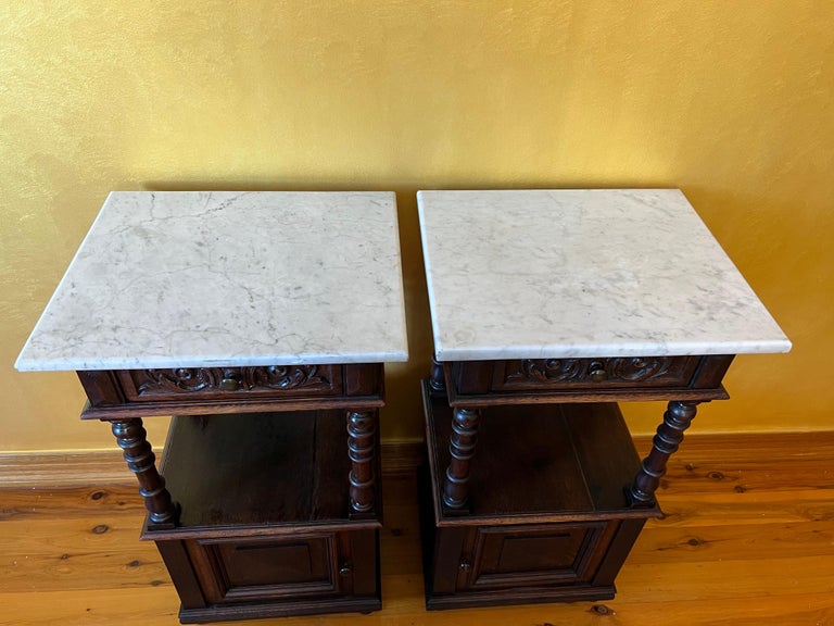 Antique Marble Top Oak Pair of Bed Side Tables For Sale at 1stDibs