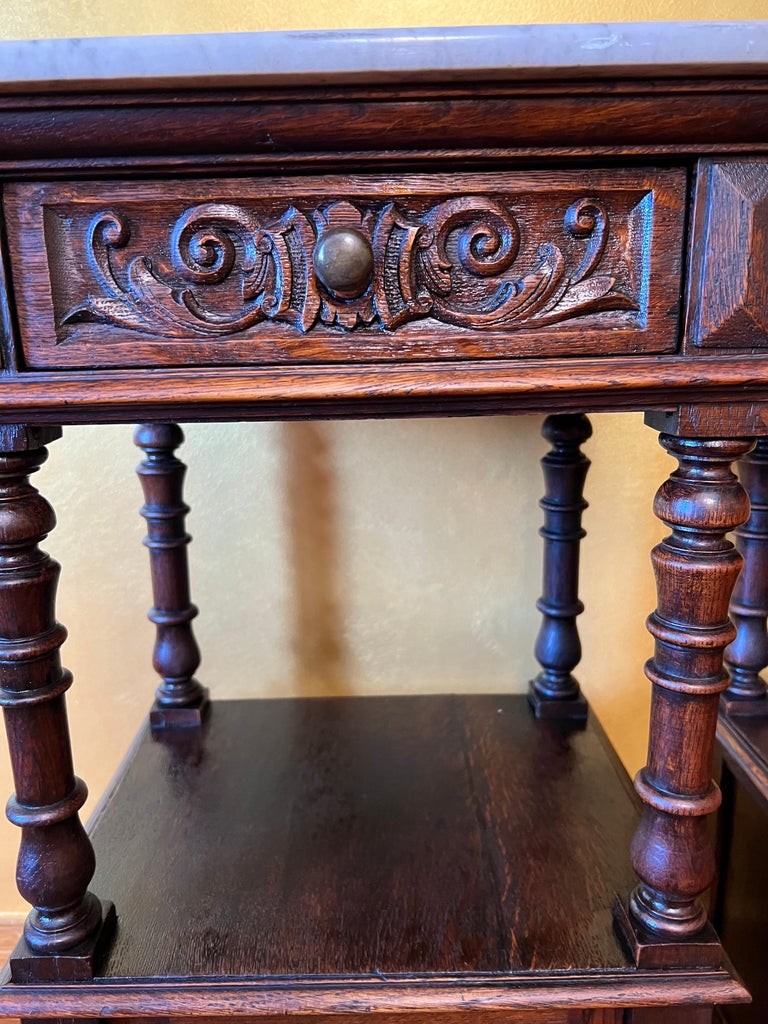 Antique Marble Top Oak Pair of Bed Side Tables For Sale at 1stDibs