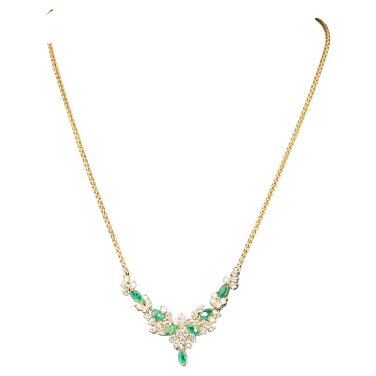 Antique Marquise Cut Emerald Diamonds Necklace, 18K Gold For Sale at ...