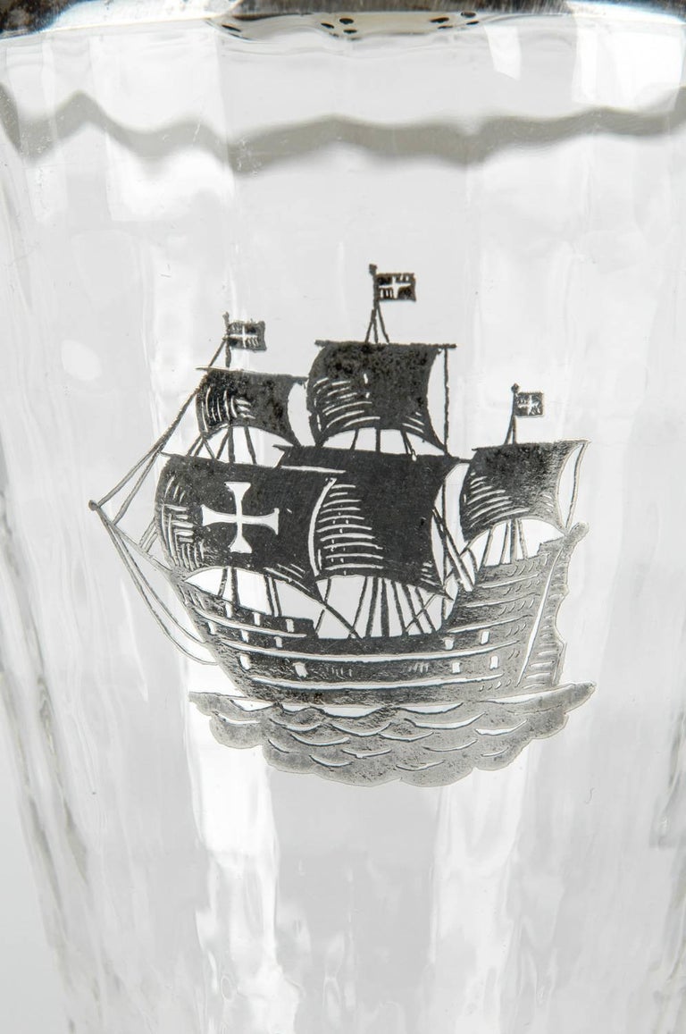 Antique Martini / Cocktail Shaker Set with Sterling Inlaid Ship Design ...