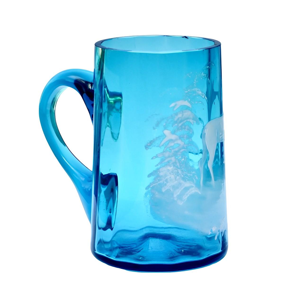 Antique Mary Gregory Hand Enamelled Blue Glass Mug with Deer and ...