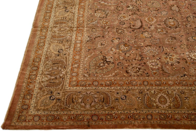 Antique Mashad Rust Handmade Rosette Oversize Wool Rug For Sale at 1stDibs