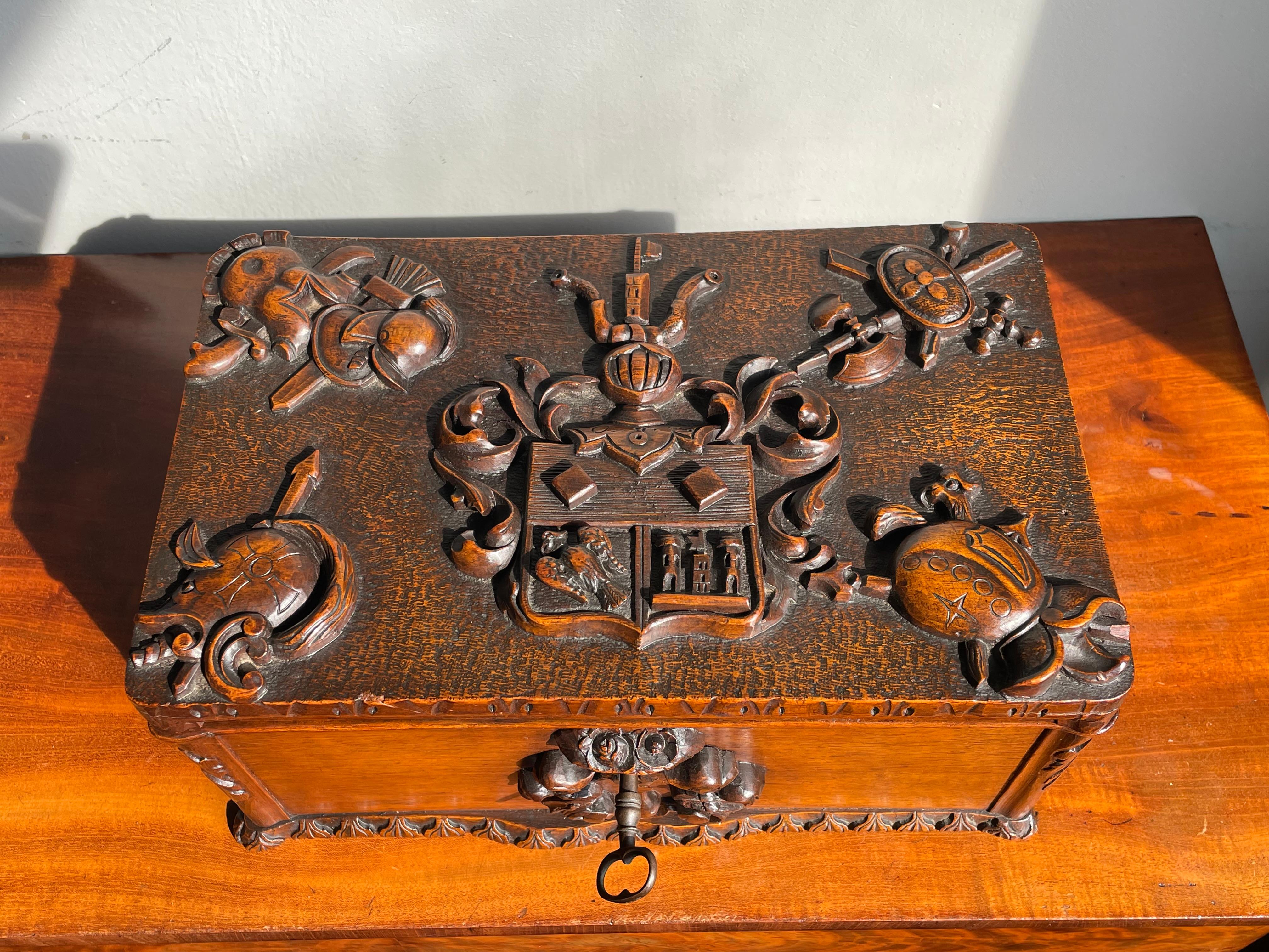 Antique Medieval Style Carved Nutwood Box w. Heraldic Coat of Arms ...
