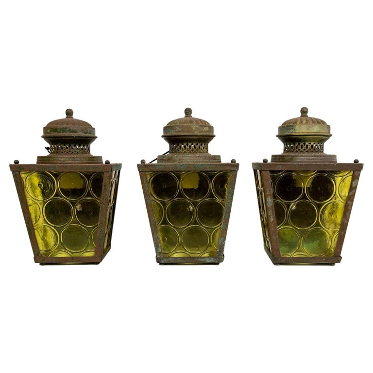 Antique Metal Wall Lanterns w/ Yellow Circle Patterned Glass, Set of 3 ...