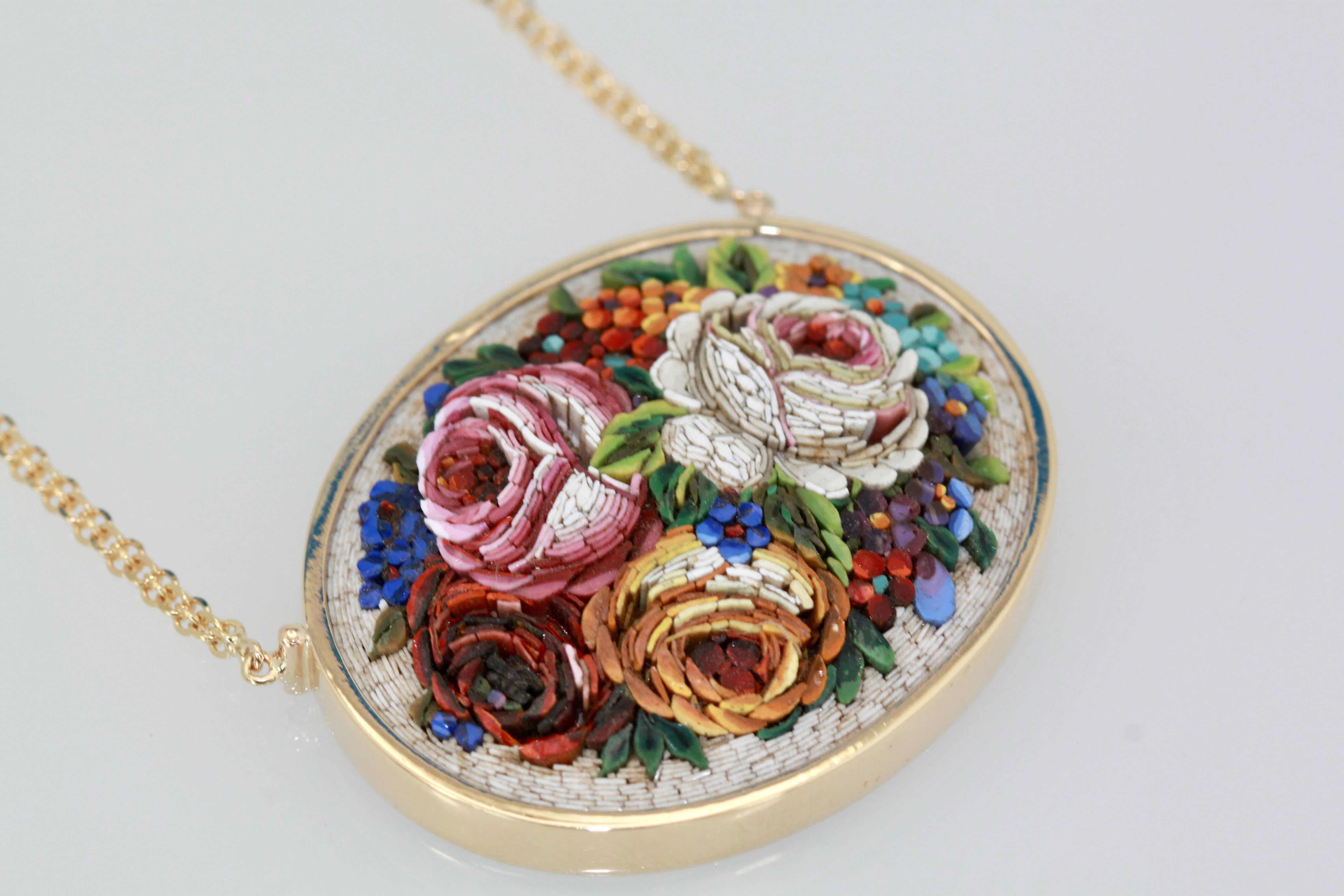 Antique Micro Mosaic Oval Plaque Necklace 18K For Sale at 1stDibs