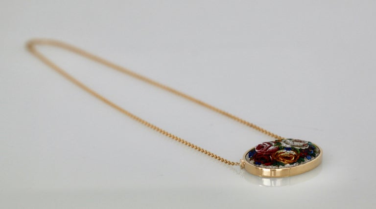 Antique Micro Mosaic Oval Plaque Necklace 18K For Sale at 1stDibs