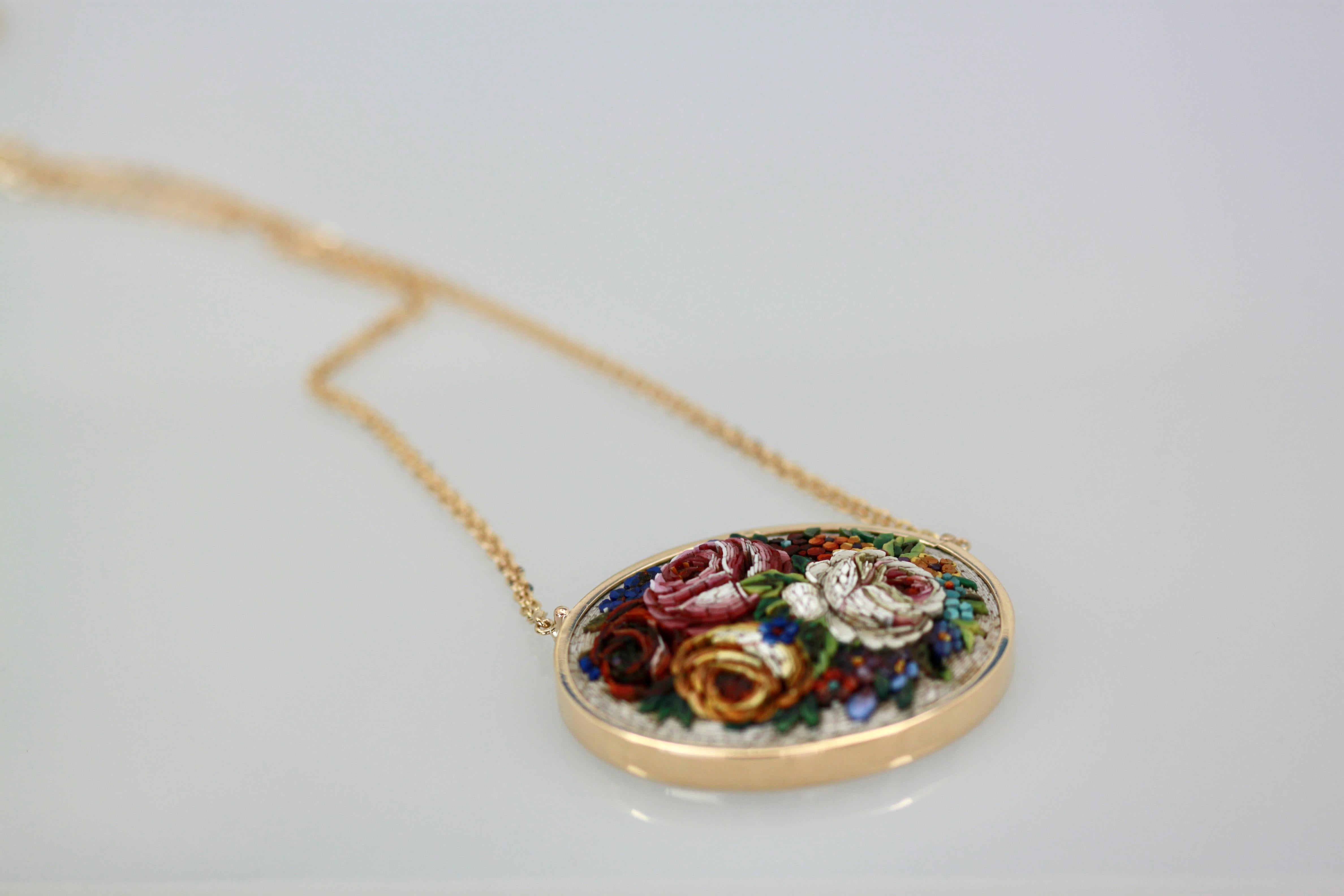 Antique Micro Mosaic Oval Plaque Necklace 18K For Sale at 1stDibs
