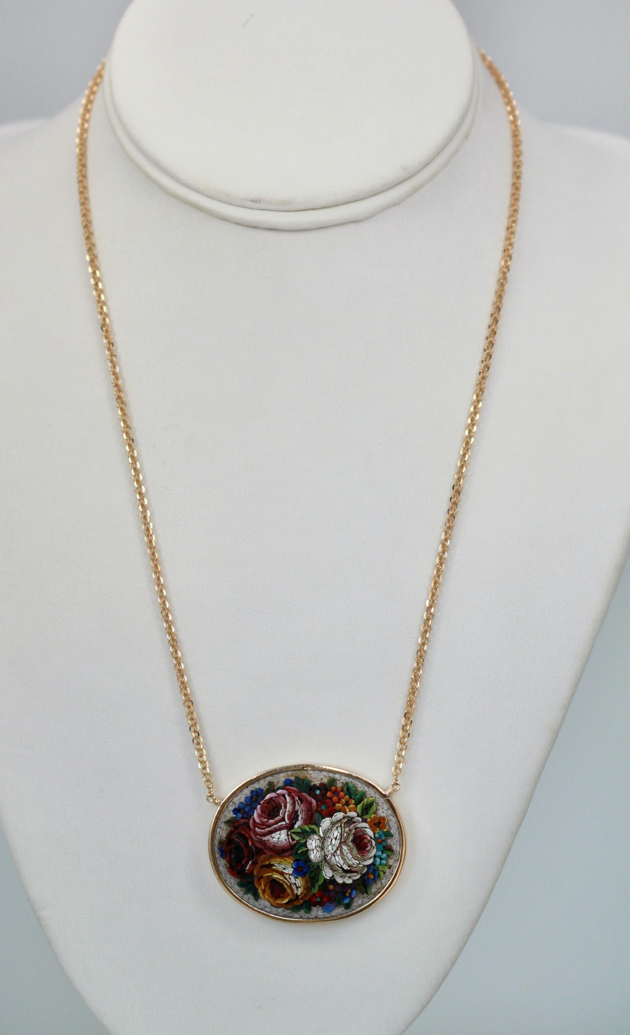 Antique Micro Mosaic Oval Plaque Necklace 18K For Sale at 1stDibs