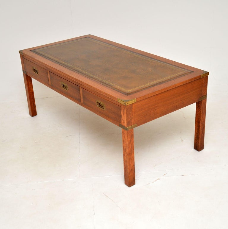 Antique Military Campaign Leather Top Coffee Table For Sale at 1stDibs