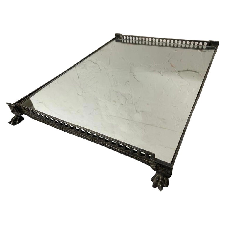 Antique Mirrored Silver Plated Gallery Serving Tray For Sale at 1stDibs