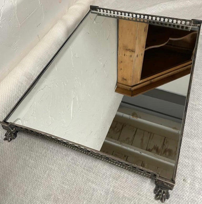 Antique Mirrored Silver Plated Gallery Serving Tray For Sale at 1stDibs