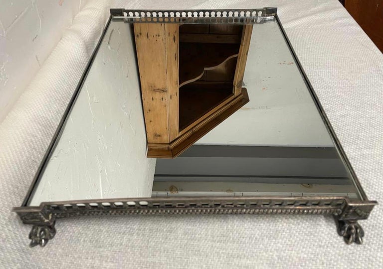 Antique Mirrored Silver Plated Gallery Serving Tray For Sale at 1stDibs