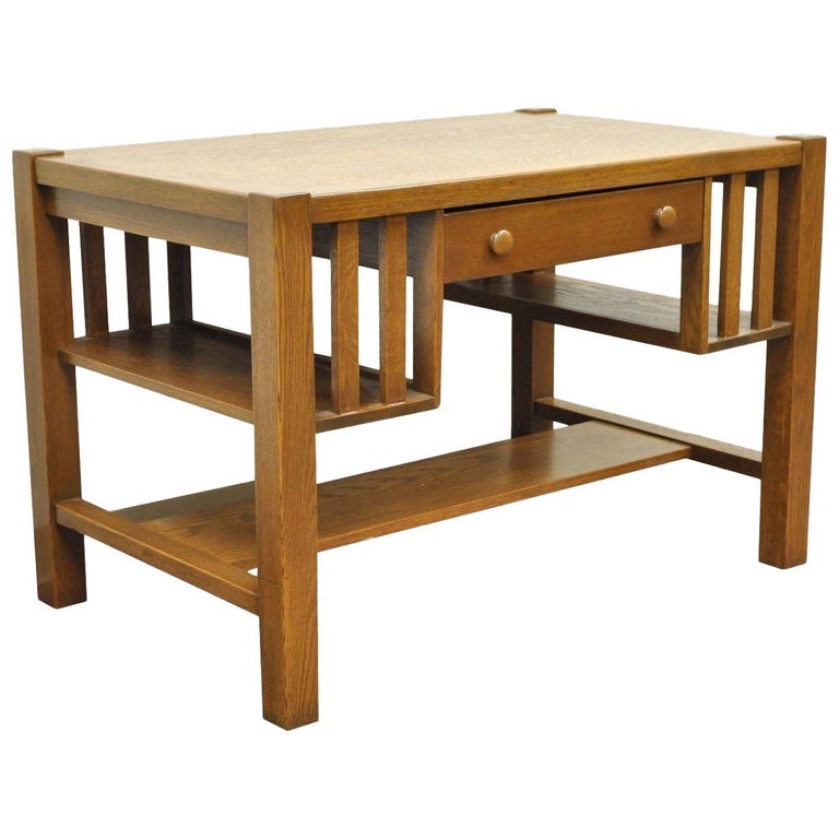 Antique Mission Arts and Crafts Oak Writing Library Desk Table Bookcase ...
