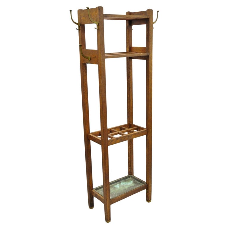 Antique Mission Oak Arts and Crafts Coat Hook Hall Tree Umbrella Stand ...