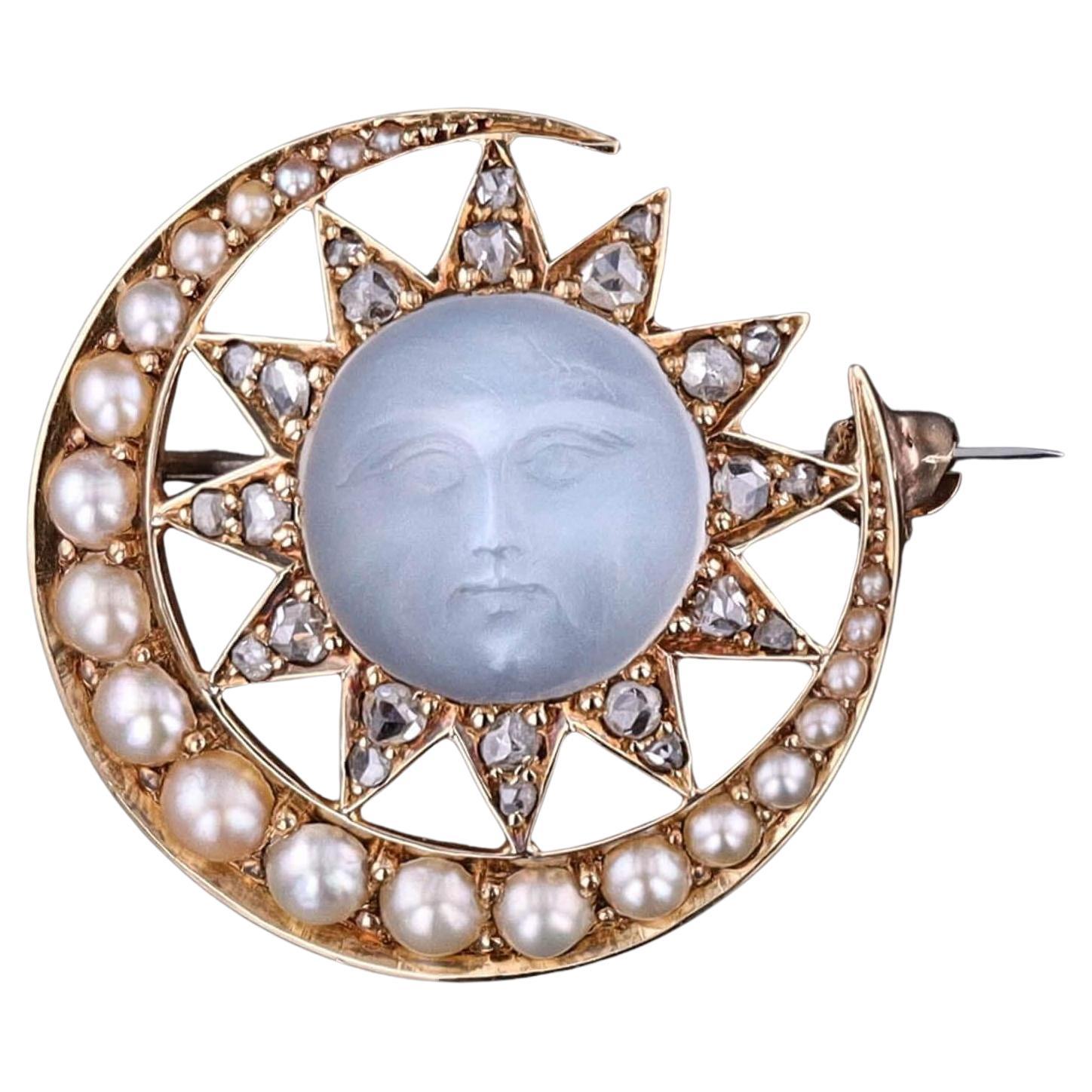 Antique Moonstone Man in the Moon Brooch of 15ct Gold For Sale at 1stDibs