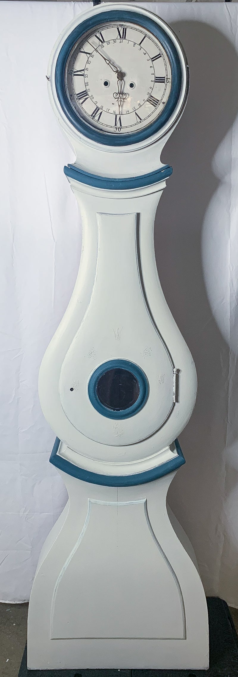 Antique Swedish Gustavian Mora grandfather clock with distressed blue ...