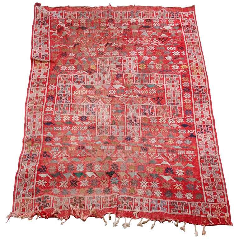 Antique Moroccan Figural Soumak Wool Area Rug with Birds, Circa 1920 at ...