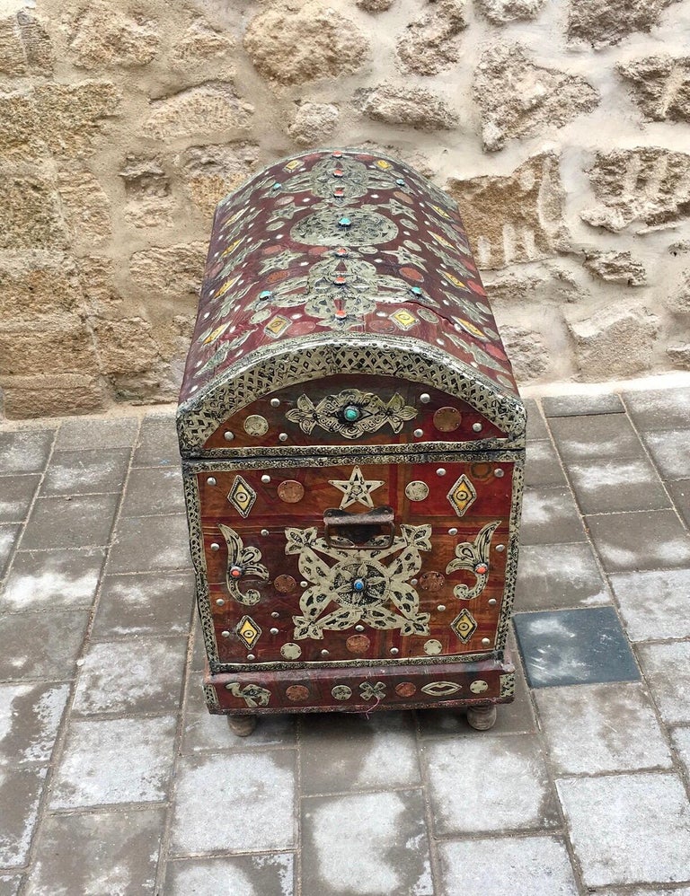 Large Antique Moroccan Chest - Tuareg Leather, Bone, Silver, Gems ...