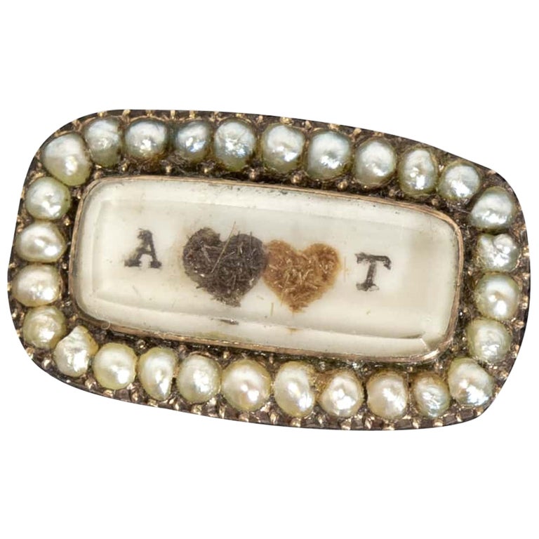 Antique Mourning Pin with Tiny Seed Pearls and double heart in gold 9 ...