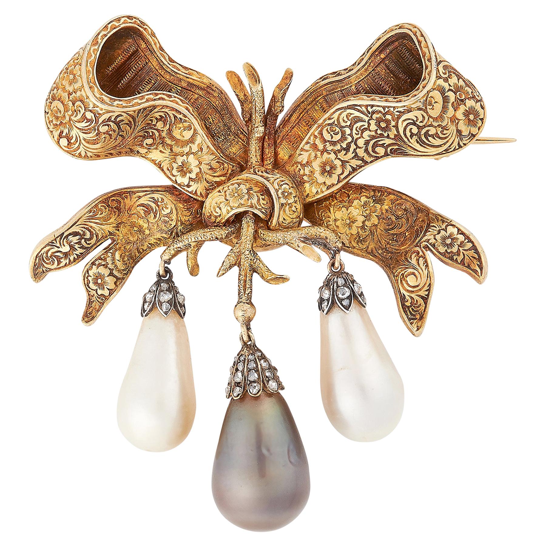 Antique Natural Pearl and Diamond Brooch, 19th Century For Sale at 1stDibs