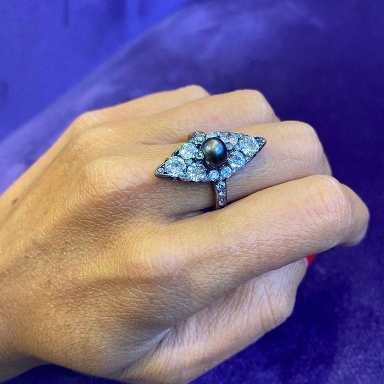Antique Natural Pearl Navette Diamond Ring For Sale at 1stDibs
