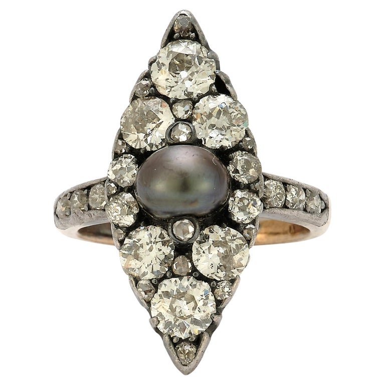 Antique Natural Pearl Navette Diamond Ring For Sale at 1stDibs