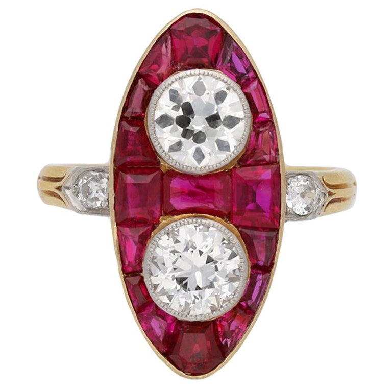 Antique Natural Unenhanced Marquise Ruby Diamond Ring, circa 1900 For ...