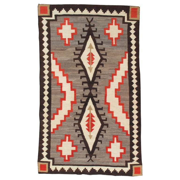 Antique Navajo Carpet, Folk Rug, Handmade Wool, Beige, Gray, Orange ...