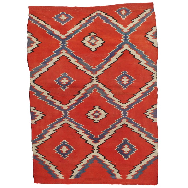 Antique Navajo Carpet, Folk Rug, Handmade Wool, Blue, Beige, Orangey ...