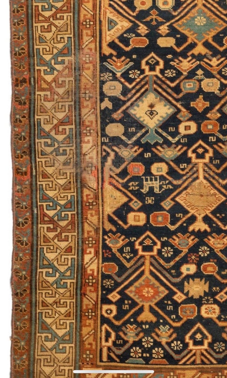 Antique Navy Blue Ivory Gold Geometric Tribal Caucasian Dagestan Rug ...