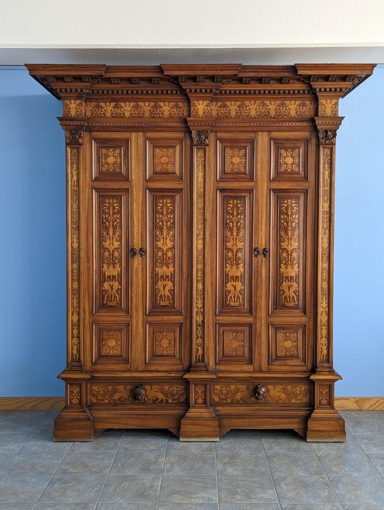 Antique Neo-Renaissance Walnut Armoire with Inlays and Four Doors, Late ...