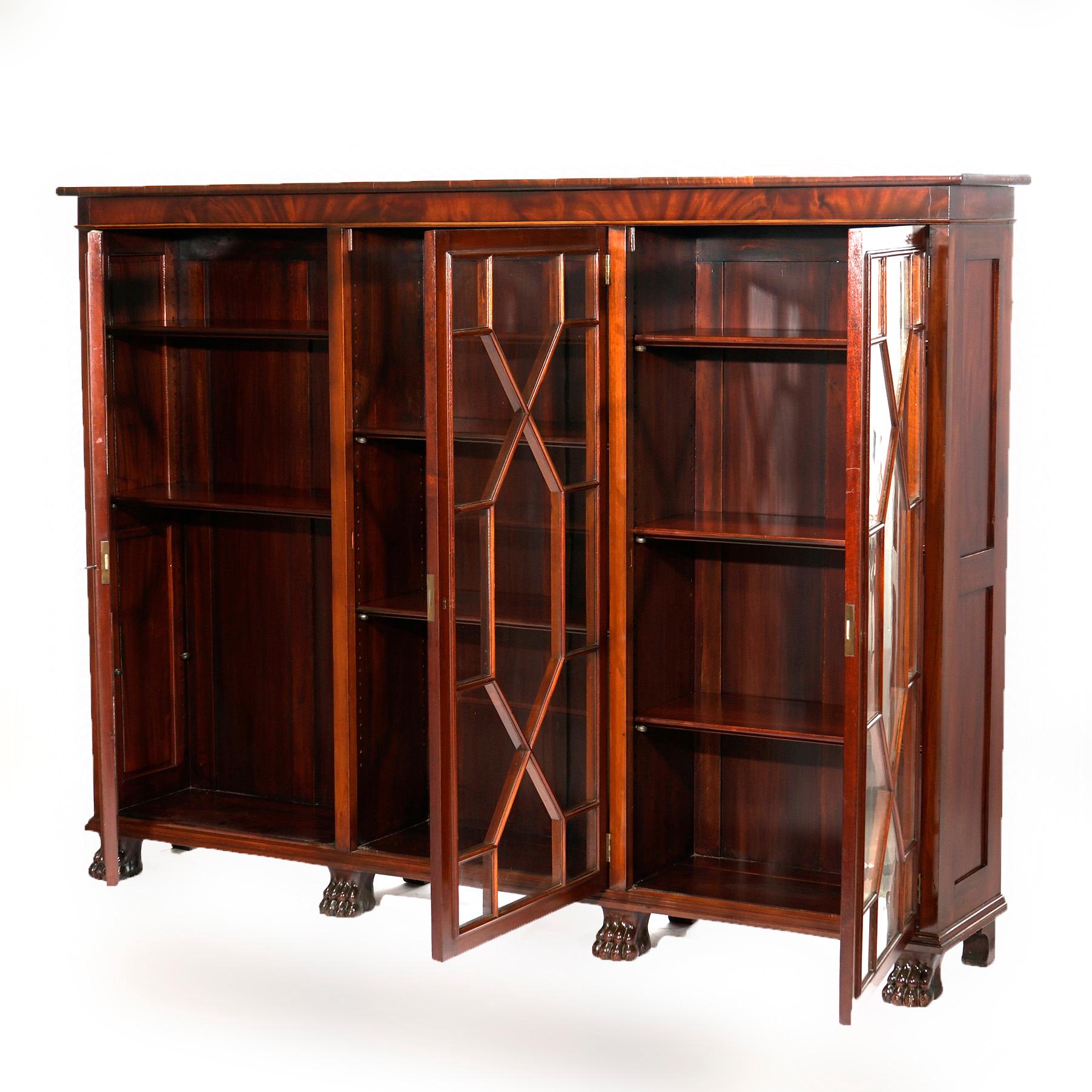 Antique Neoclassical Flame Mahogany Triple Door Bookcase with Paw Feet ...