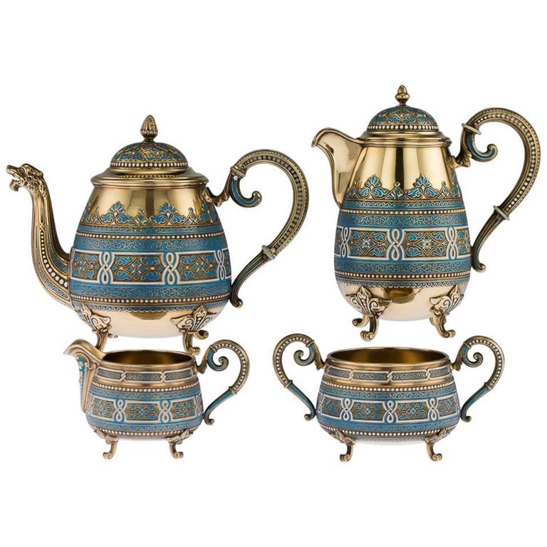 Antique Norwegian Silver and Enamel Tea Service, David Andersen, circa ...