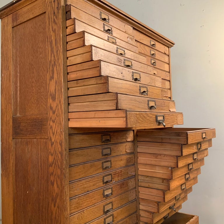 Antique Oak 40 Drawer Printers Flat File Cabinet For Sale at 1stDibs